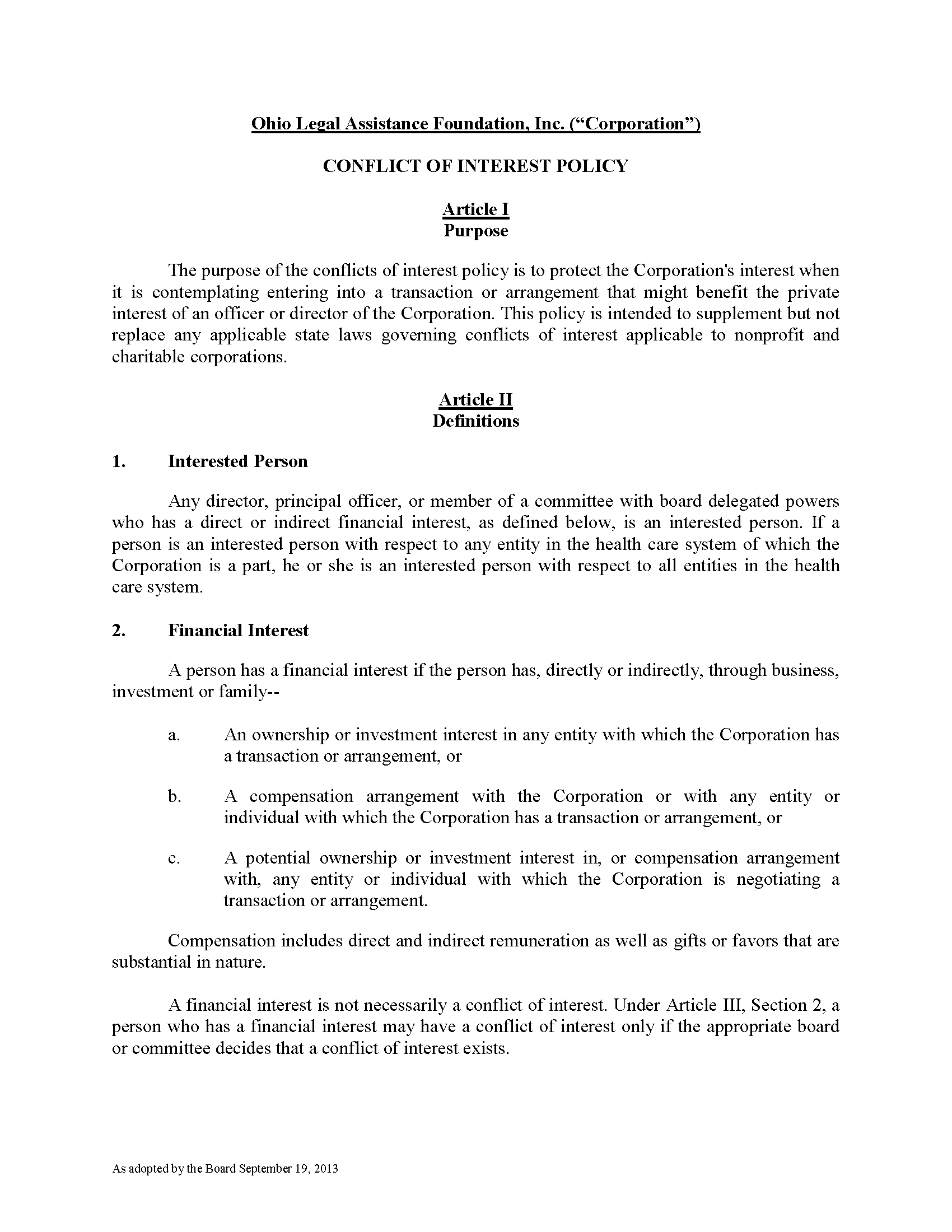 Conflict of Interest Policy – Ohio Access to Justice Foundation
